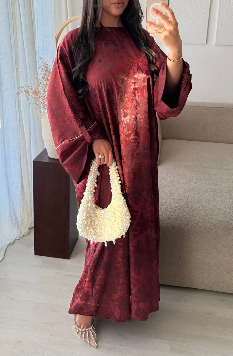 Abaya robe à motifs GHALIA X258 | Bordeaux – ALMA CLOSET PARIS